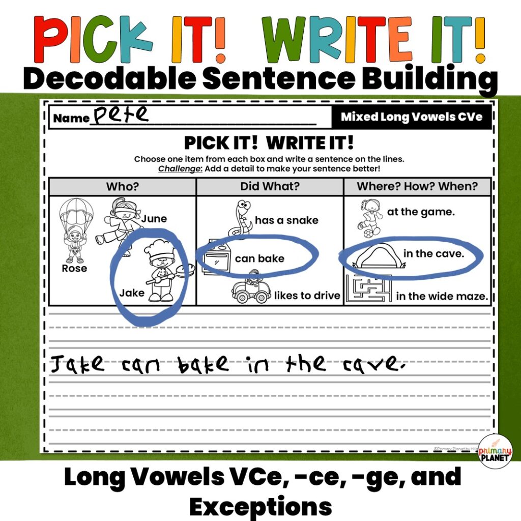 Decodable Sentence Writing - Long Vowel Silent E - Sentence Building ...