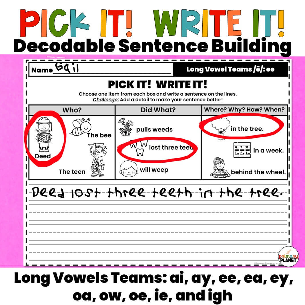 Sentence Building Worksheets for Long Vowel Teams - Silly Sentences ...
