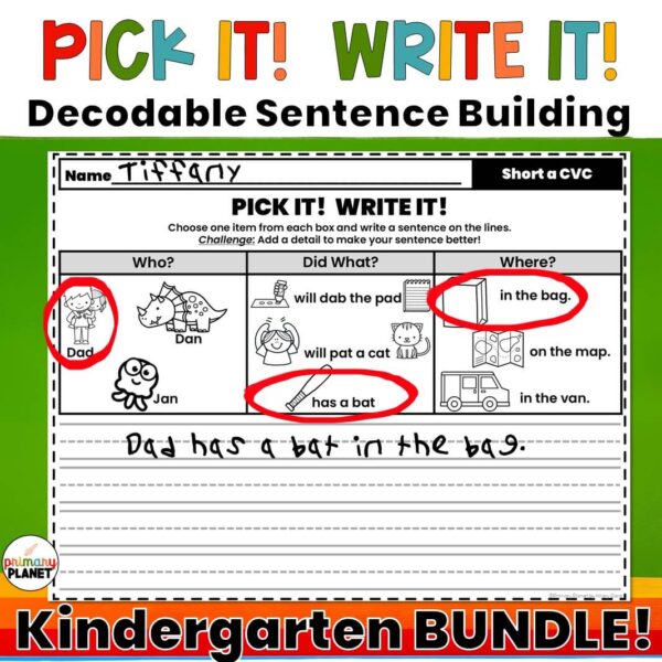 Decodable Sentence Writing Worksheets - Kindergarten Phonics Skills ...
