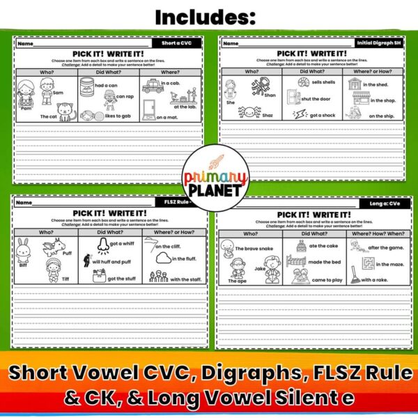 Decodable Sentence Writing Worksheets - Kindergarten Phonics Skills ...